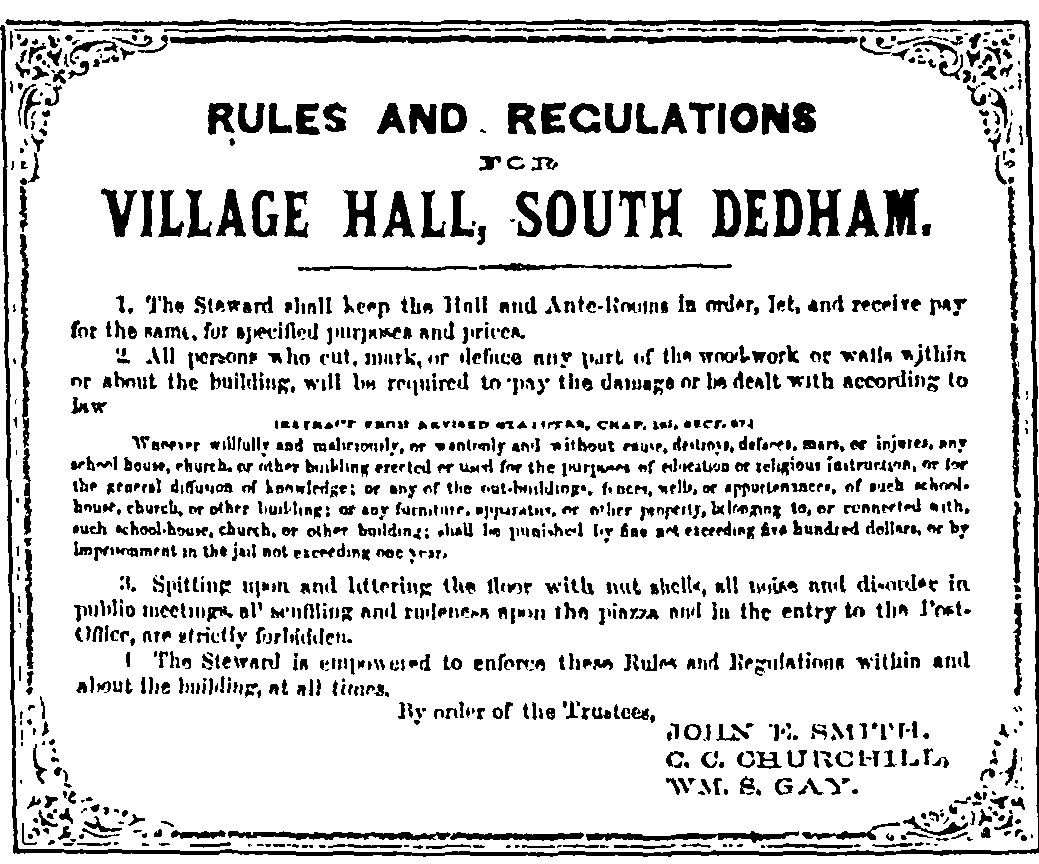 Rules & Regulations For Village Hall, South Dedham-This Day In Norwood ...